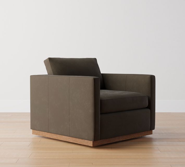 Jake Leather Brindle Wood Base Swivel Chair | Pottery Barn