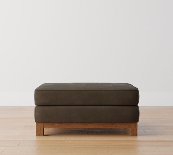 Jake Leather Brindle Wood Base Ottoman | Pottery Barn
