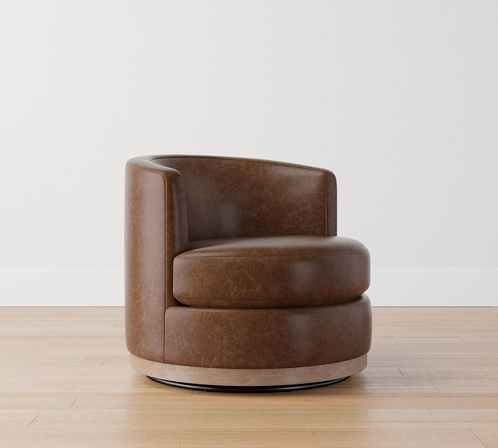 Balboa Leather Wood Base Swivel Chair | Pottery Barn