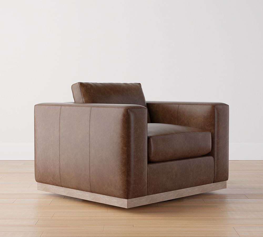 Carmel Wide Arm Leather Wood Base Swivel Chair | Pottery Barn