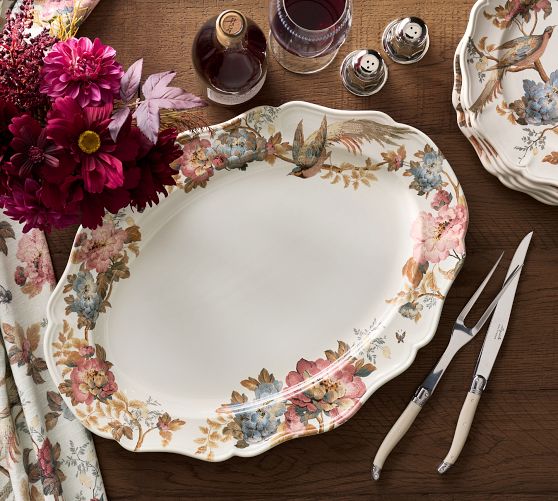 Piper Floral Bird Oval Turkey Serving Platter | Pottery Barn