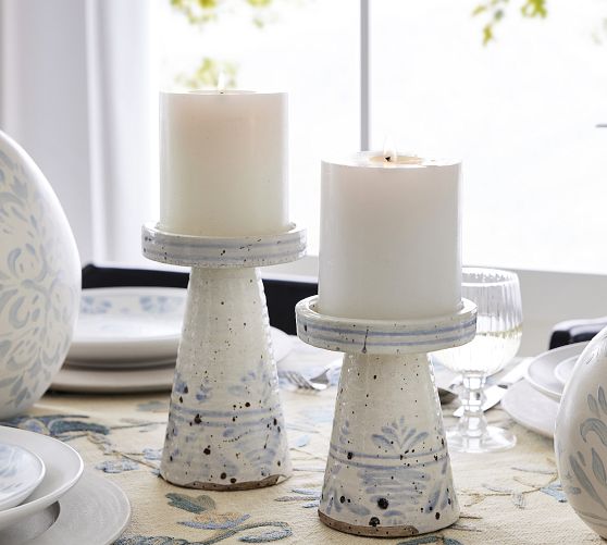 Chambray Patterned Handcrafted Ceramic Pillar Candleholder | Pottery Barn