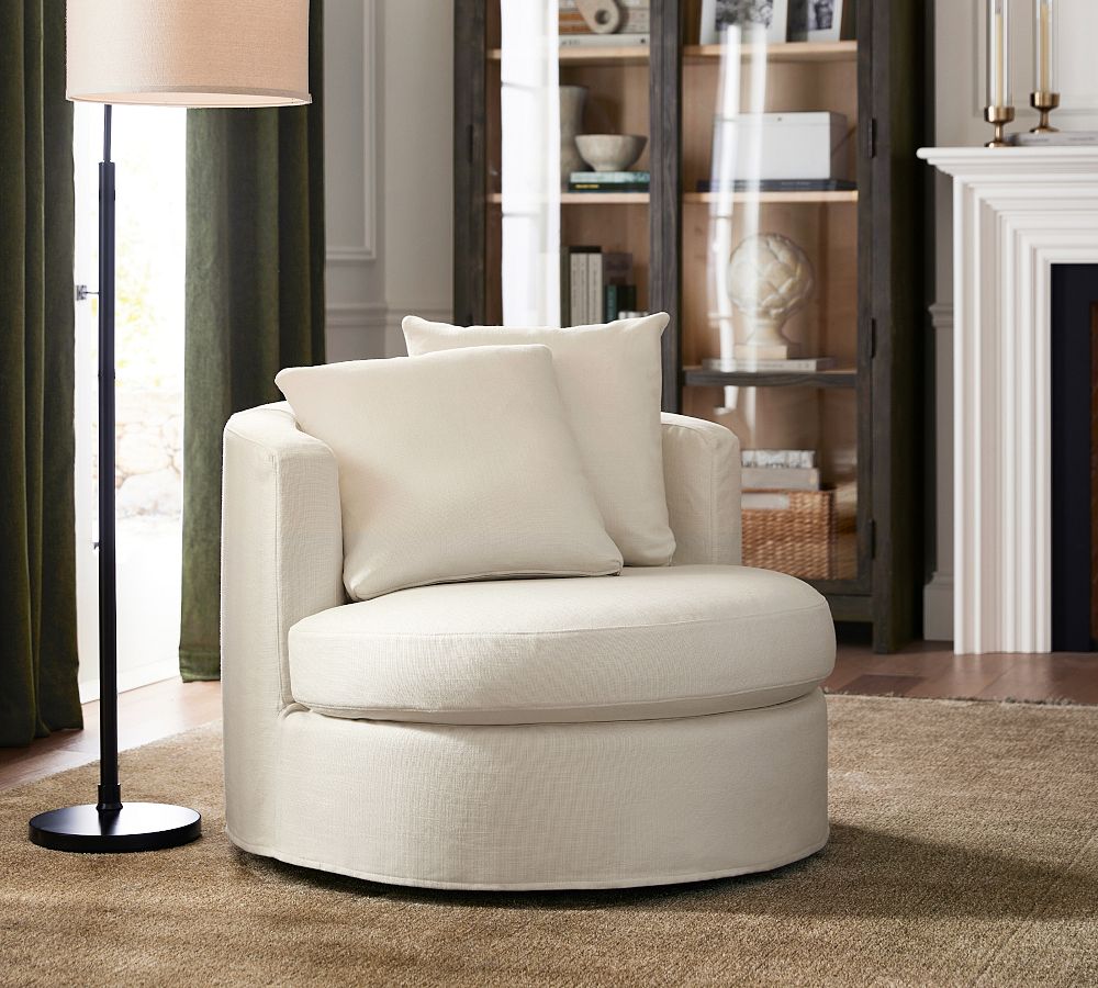 Balboa Slipcovered Swivel Chair | Pottery Barn