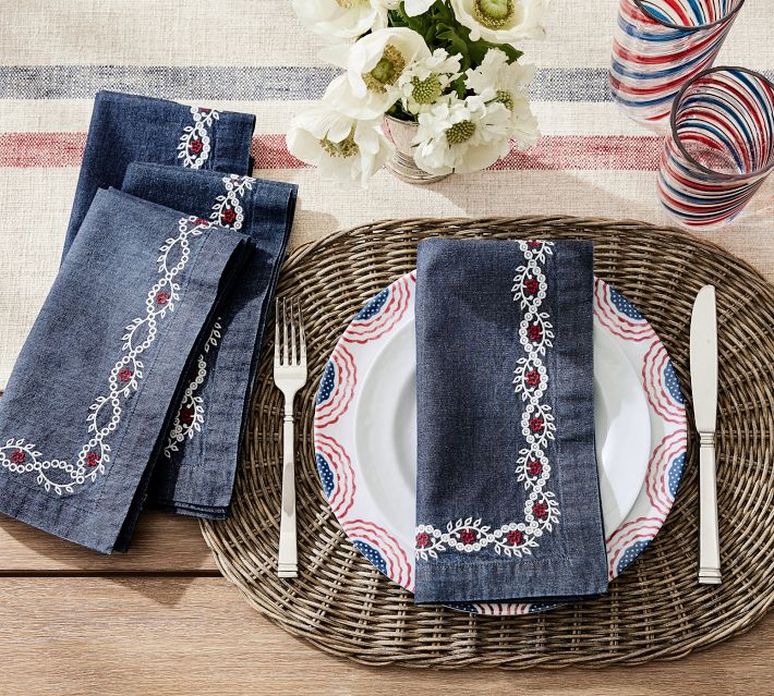 Denim Embroidered Cotton Napkins - Set of 4 | Pottery Barn