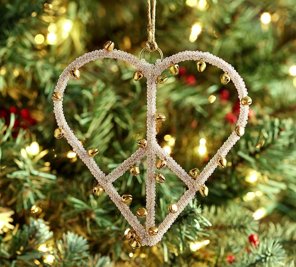 Heart Peace Sign Jingle Bell Christmas Ornament | Pottery Barn