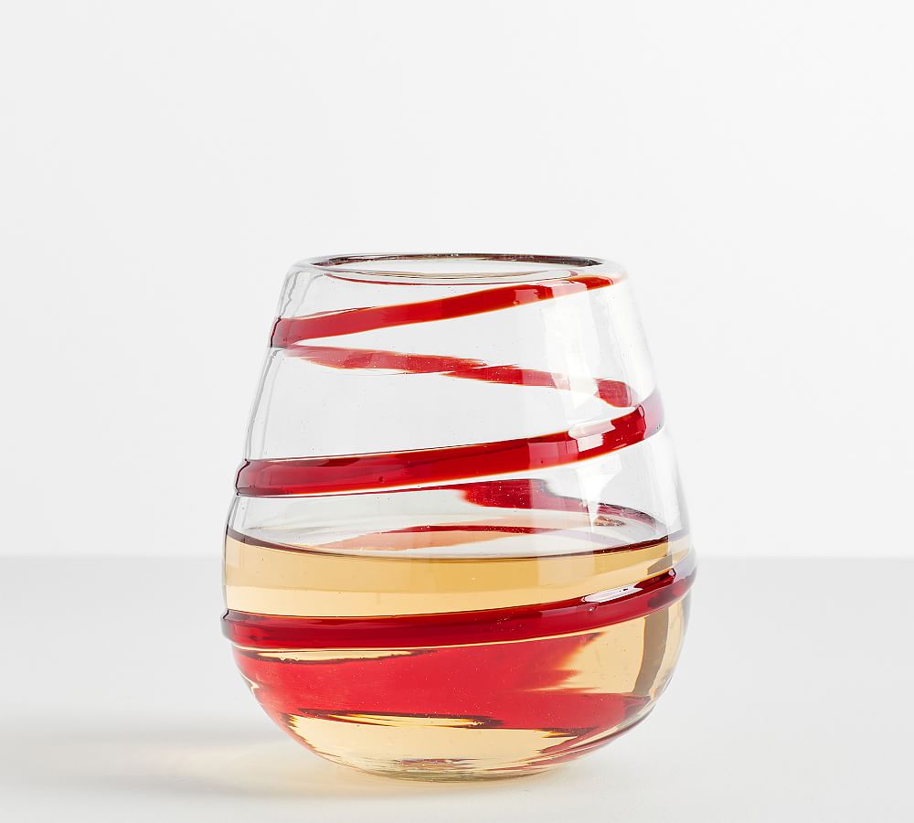 Red Ribbon Handcrafted Recycled Stemless Wine Glasses | Pottery Barn