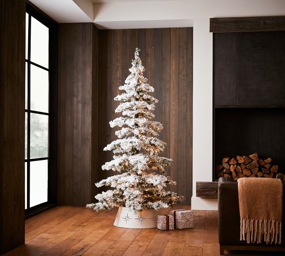 Lit Flocked Pencil Pine Faux Christmas Trees Pottery Barn