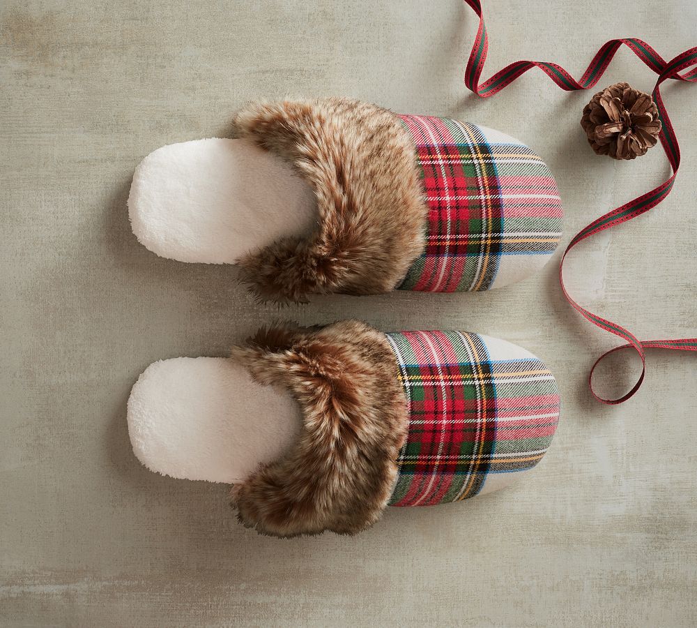 Stewart Plaid Flannel Faux Fur Slippers | Pottery Barn