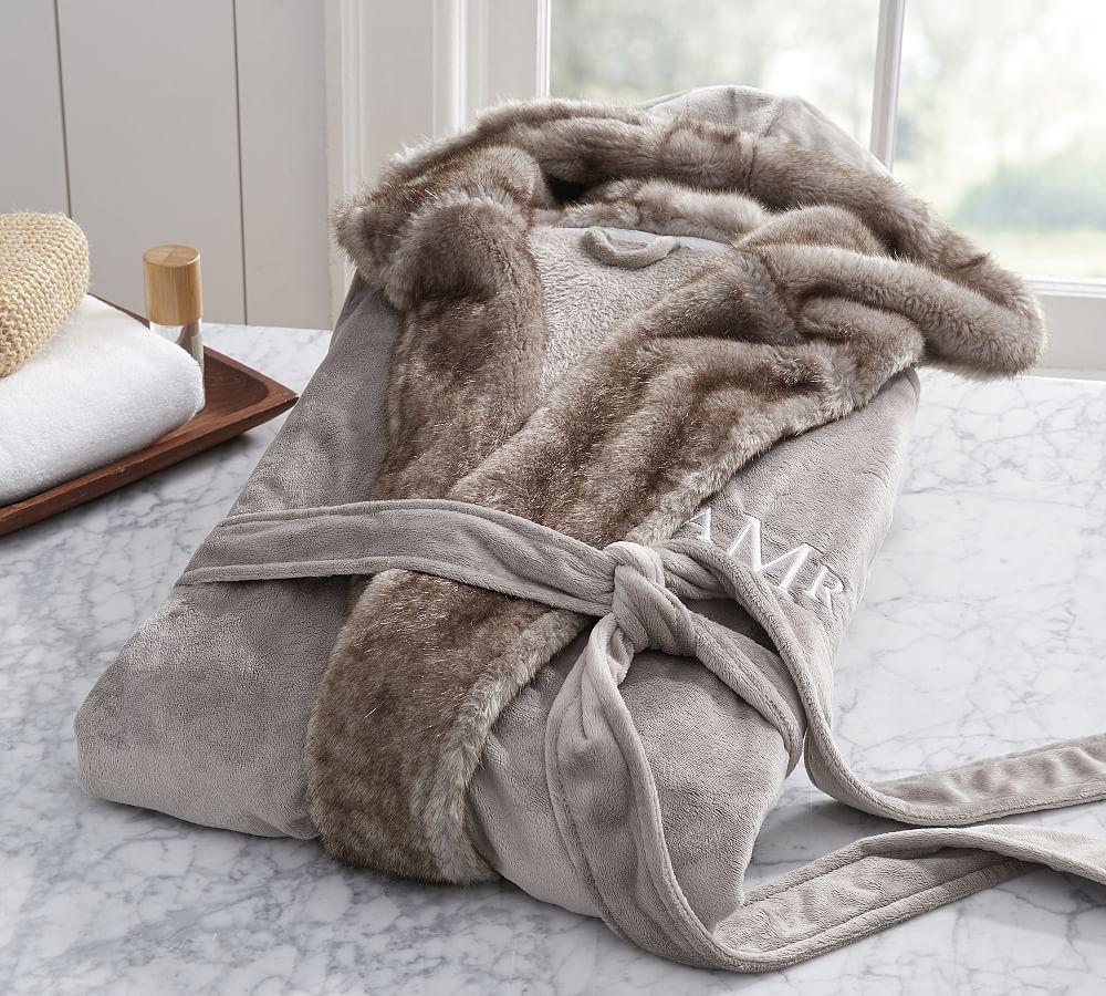 Faux Fur Hooded Bath Robe - Gray Tipped Alpaca | Pottery Barn