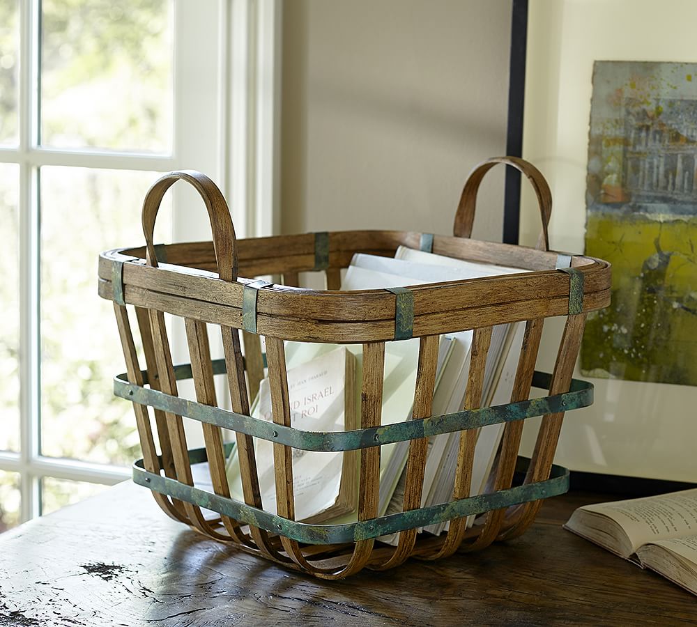 Small Square Green Patina Storage Basket | Pottery Barn