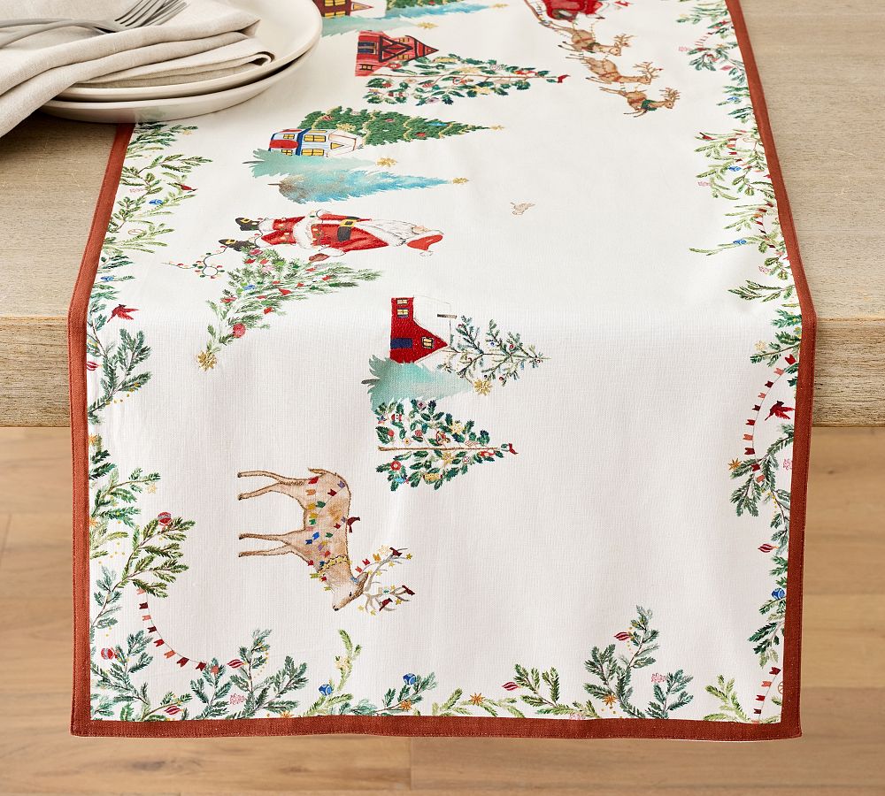 Christmas in the Country Santa Cotton/Linen Table Runner | Pottery Barn