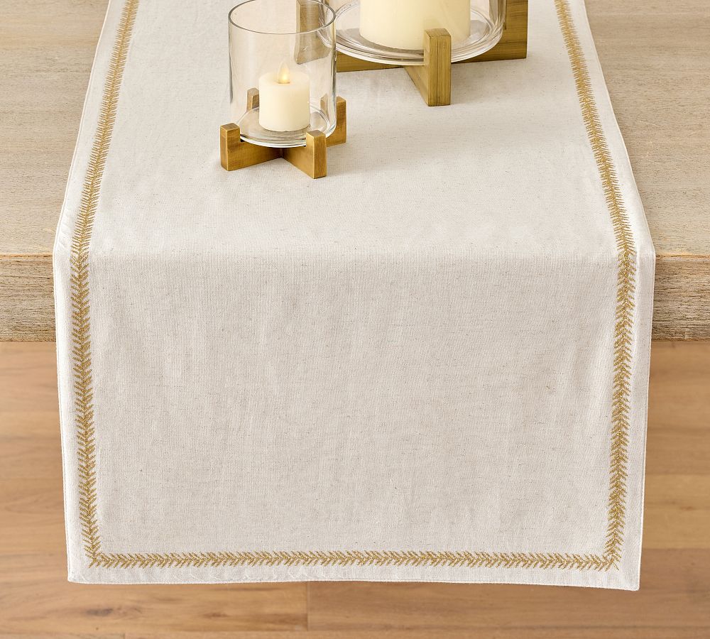 Gold Border Embroidered Cotton/Linen Table Runner | Pottery Barn