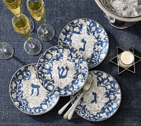 Hanukkah Botanical Stoneware Appetizer Plates - Set of 4 | Pottery Barn