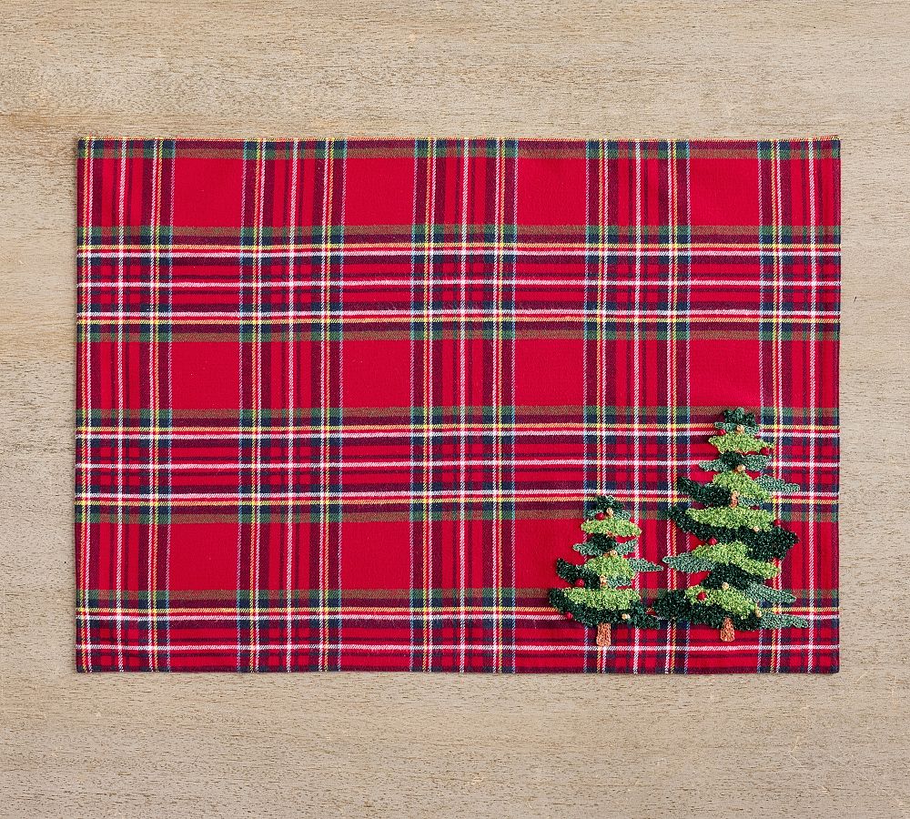 Elliot Plaid Embroidered Cotton Placemats - Set of 4 | Pottery Barn