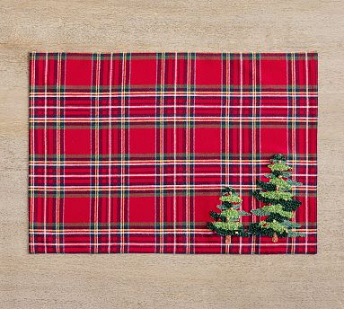Elliot Plaid Embroidered Cotton Placemats - Set of 4 | Pottery Barn