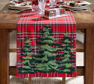 Elliot Plaid Embroidered Cotton Table Runner | Pottery Barn