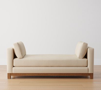 Jake Upholstered Settee with Dark Wood Base Polyester Wrapped Cushions Performance Everydayvelvet Carbon Pottery Barn
