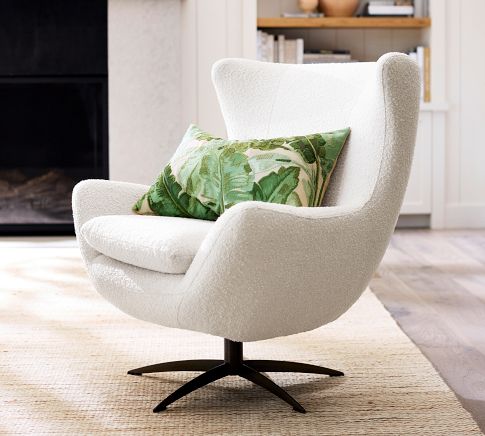 Wells Upholstered Tight Back Swivel Armchair with Brushed Nickel Base Polyester Wrapped Cushions Luxe Boucle Ivory