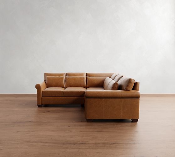York Roll Arm Leather Deep Seat Left Arm 3 Piece Corner Sectional with Bench Cushion Polyester Wrapped Cushions Churchfield Stone