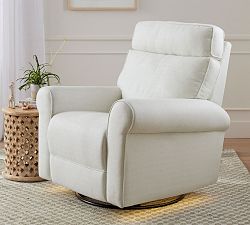 PB Comfort Roll Arm Upholstered Deluxe Power Swivel Recliner Box Edge Polyester Wrapped Cushions Performance Heathered Tweed Indigo Pottery Barn