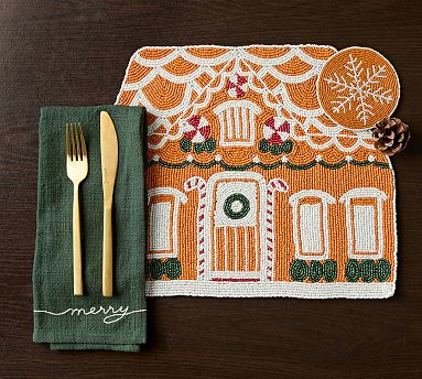 Handcrafted Gingerbread House Beaded Placemats, Set of 4 | Pottery Barn