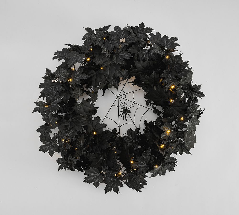 Lit Halloween Maple Leaf With Spider Web Wreath | Pottery Barn