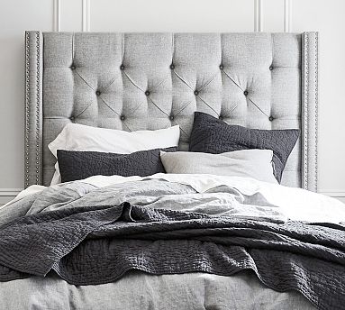 Harper Tufted Upholstered Low Headboard 51 h without Nailheads Queen Performance Slub Weave Navy
