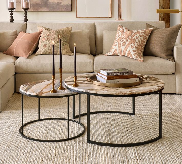 Delaney Round Calcatta Marble Nesting Coffee Tables Bronze Pottery Barn