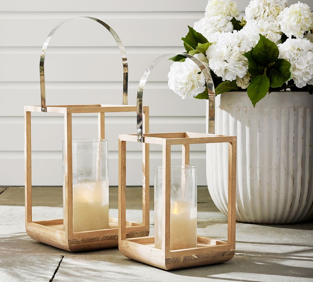 Capri Frosted Glass & Acacia Wood Outdoor Lantern | Pottery Barn
