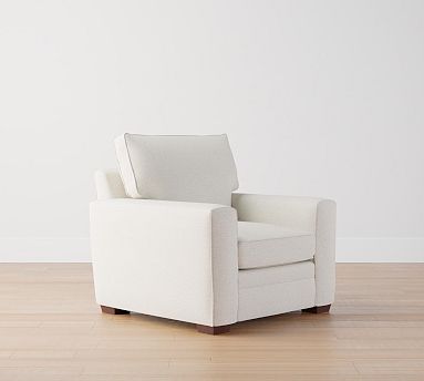Pearce Square Arm Upholstered Recliner Down Blend Wrapped Cushions Performance Heathered Tweed Indigo Pottery Barn