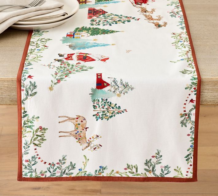 Christmas in the Country Santa Cotton Linen Table Runner Pottery Barn