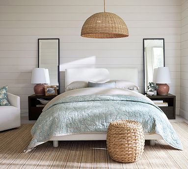 Cayman Upholstered Platform Bed with Warm Black Legs King Basketweave Slub Ash Pottery Barn