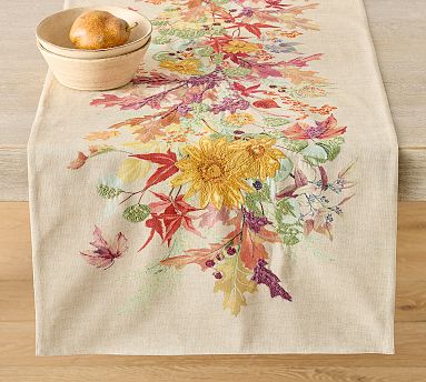 Fall Botanical Embroidered Cotton Table Runner | Pottery Barn