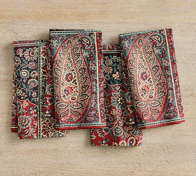 Talia Block Print Cotton/Linen Napkins - Set of 4 | Pottery Barn
