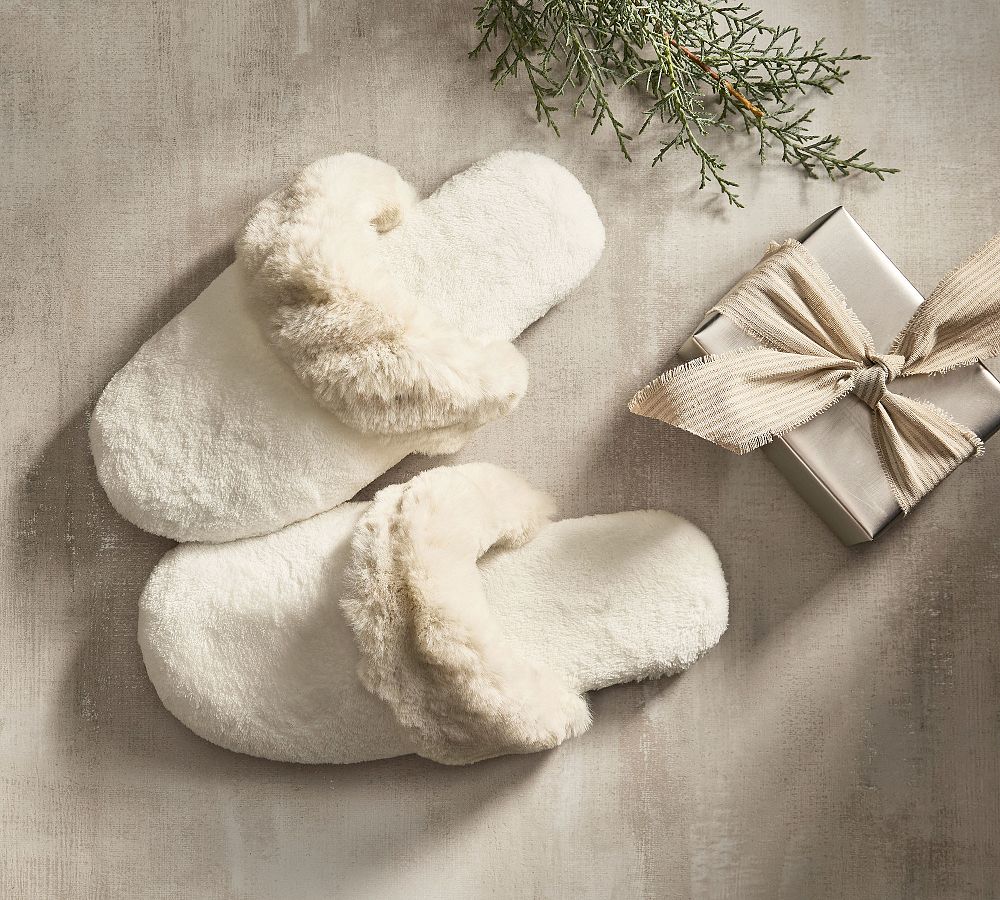 Ruched Faux Fur Slippers | Pottery Barn