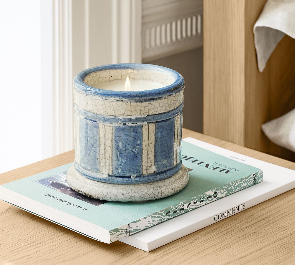 Hand Painted Stripe Ceramic Candle - Navy Beach | Pottery Barn