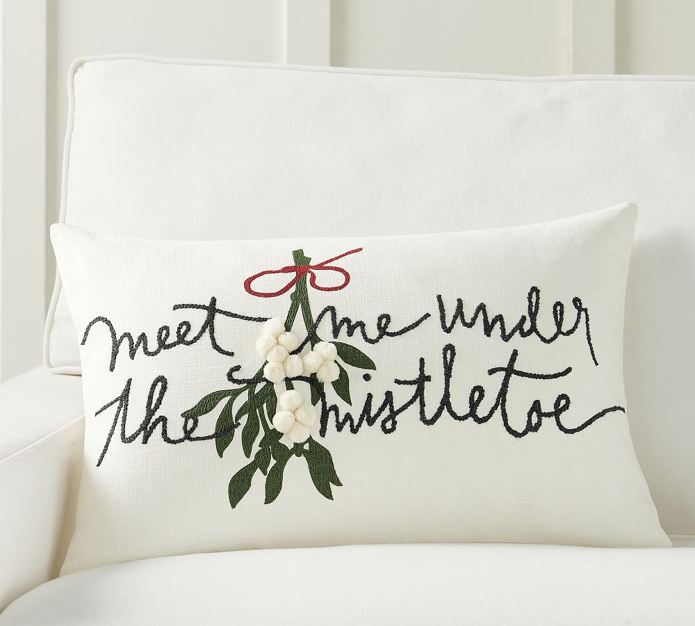 Meet Me Under The Mistletoe Embroidered Lumbar Pillow Cover | Pottery Barn
