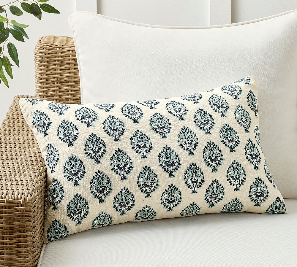 Haylen Block Print Lumbar Outdoor Pillow | Pottery Barn
