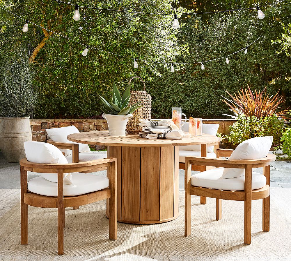 Get The Look: Malibu Teak Round Dining Table + Chair | Pottery Barn